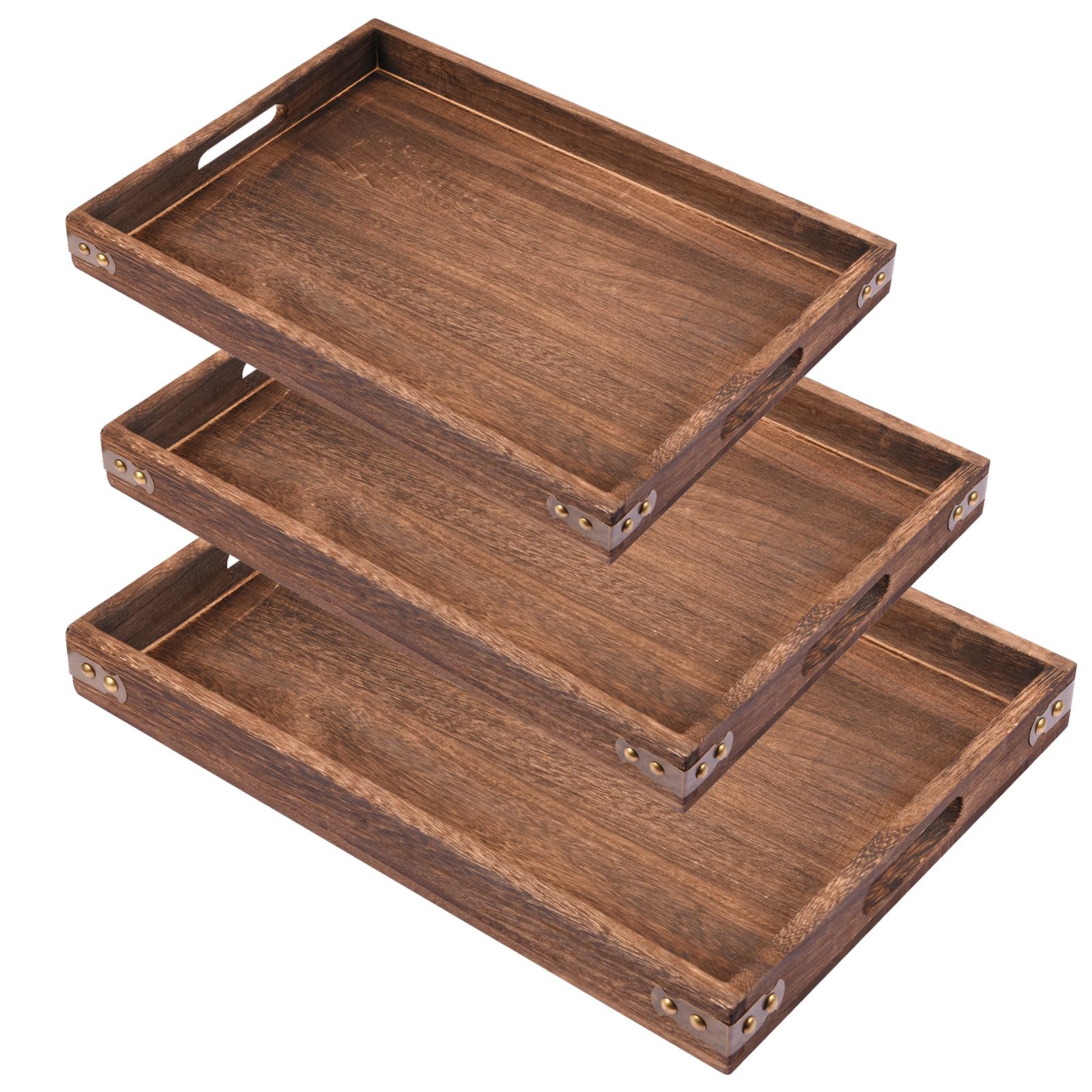 Wood Serving Tray, Rectangular Butler Serving Tray with Handle, Coffee Table Tray Decorative Tray for Tea, Coffee, Breakfast, Table Centerpieces 3 Pack