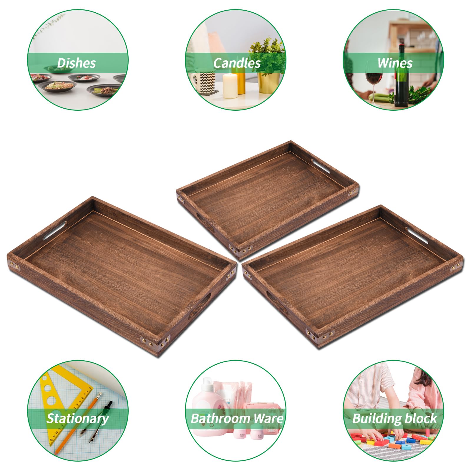 Wood Serving Tray, Rectangular Butler Serving Tray with Handle, Coffee Table Tray Decorative Tray for Tea, Coffee, Breakfast, Table Centerpieces 3 Pack