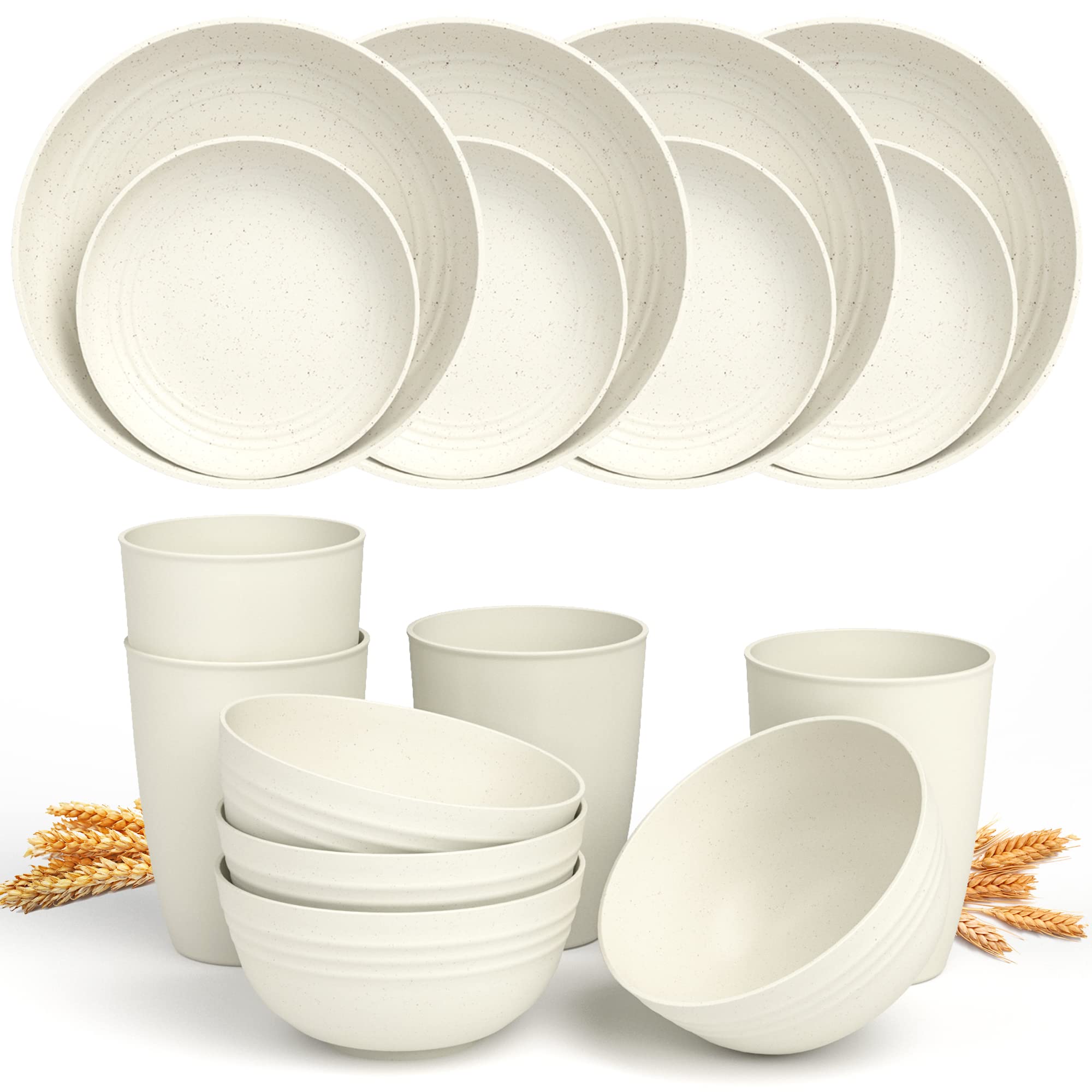 Wheat Straw Dinnerware Sets of 4 (16 Pieces), Dinner Plates, Dessert Plate, Cereal Bowls, Kids Cups, Microwave Dishwasher Safe, Lightweight, Unbreakable Dishes for Kitchen, Camping, RV