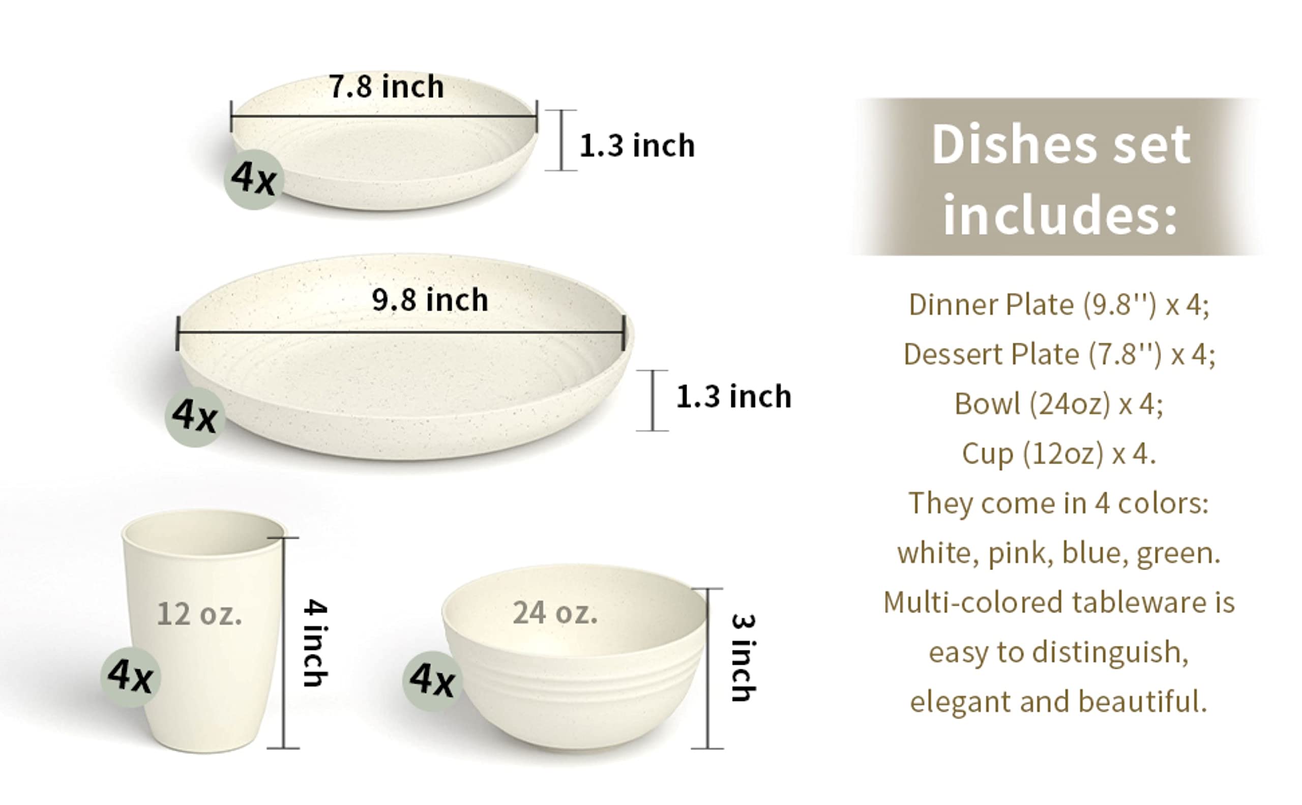 Wheat Straw Dinnerware Sets of 4 (16 Pieces), Dinner Plates, Dessert Plate, Cereal Bowls, Kids Cups, Microwave Dishwasher Safe, Lightweight, Unbreakable Dishes for Kitchen, Camping, RV