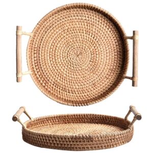 woven serving tray, rattan round tray, wicker serving basket with wooden handles (12.6 inch / 32cm)