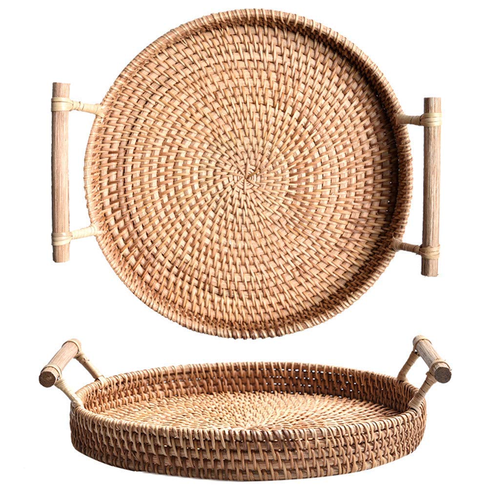 Woven Serving Tray, Rattan Round Tray, Wicker Serving Basket with Wooden Handles (12.6 inch / 32cm)