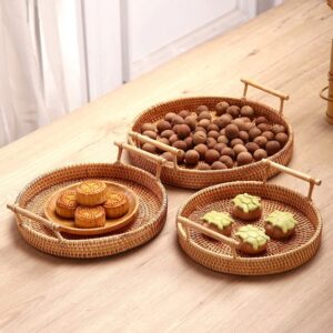 Woven Serving Tray, Rattan Round Tray, Wicker Serving Basket with Wooden Handles (12.6 inch / 32cm)