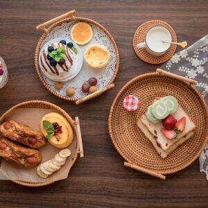 Woven Serving Tray, Rattan Round Tray, Wicker Serving Basket with Wooden Handles (12.6 inch / 32cm)