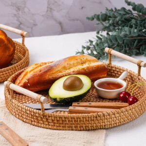 Woven Serving Tray, Rattan Round Tray, Wicker Serving Basket with Wooden Handles (12.6 inch / 32cm)