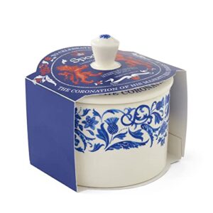 portmeirion home & gifts spode king charles iii coronation lidded covered sugar bowl 280ml, blue & white pattern uk made