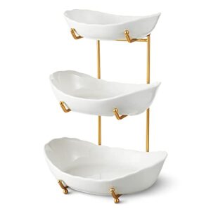 homkula fruit bowl for kitchen counter - 3 tier ceramic serving bowls with metal stand, tiered fruit basket for fruit vegetable storage, snack, nuts, cake, dessert (gold)