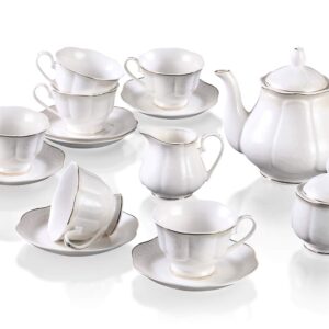 GUANGYANG GY 15-pcs Lotus Shape Porcelain Tea set with 7oz 6 Tea Cups and 6 Saucers,1 Teapot Sugar Bowl,1 Cream Pitcher,White