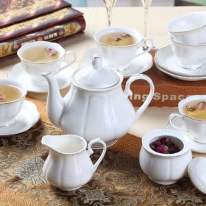 GUANGYANG GY 15-pcs Lotus Shape Porcelain Tea set with 7oz 6 Tea Cups and 6 Saucers,1 Teapot Sugar Bowl,1 Cream Pitcher,White