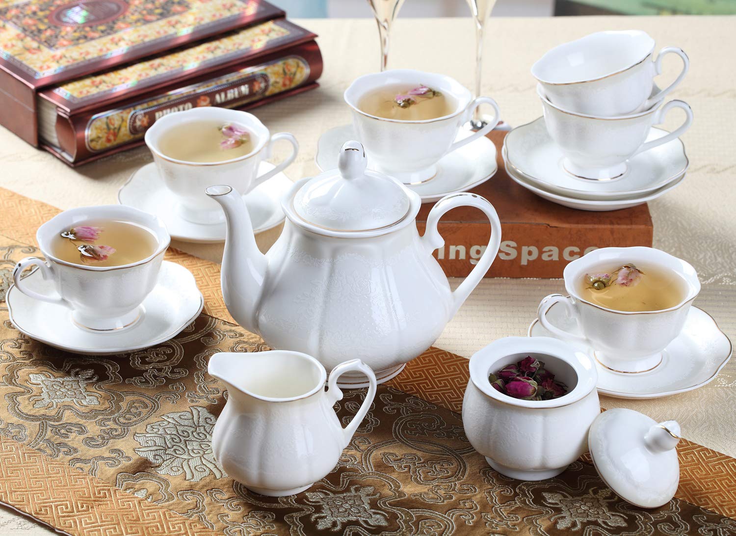 GUANGYANG GY 15-pcs Lotus Shape Porcelain Tea set with 7oz 6 Tea Cups and 6 Saucers,1 Teapot Sugar Bowl,1 Cream Pitcher,White