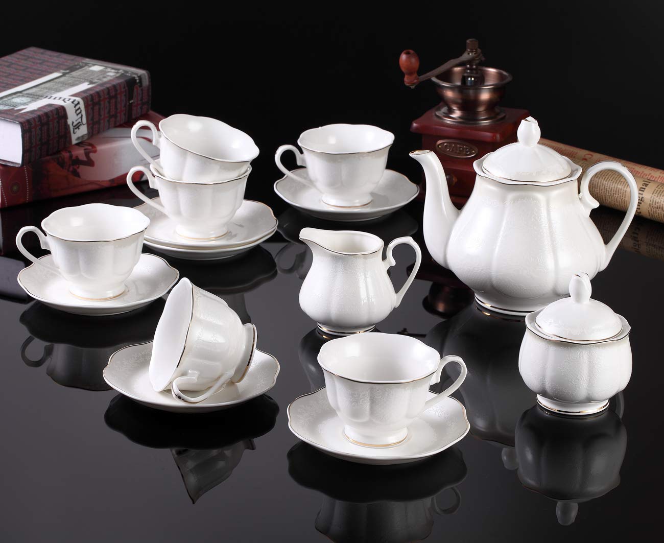 GUANGYANG GY 15-pcs Lotus Shape Porcelain Tea set with 7oz 6 Tea Cups and 6 Saucers,1 Teapot Sugar Bowl,1 Cream Pitcher,White