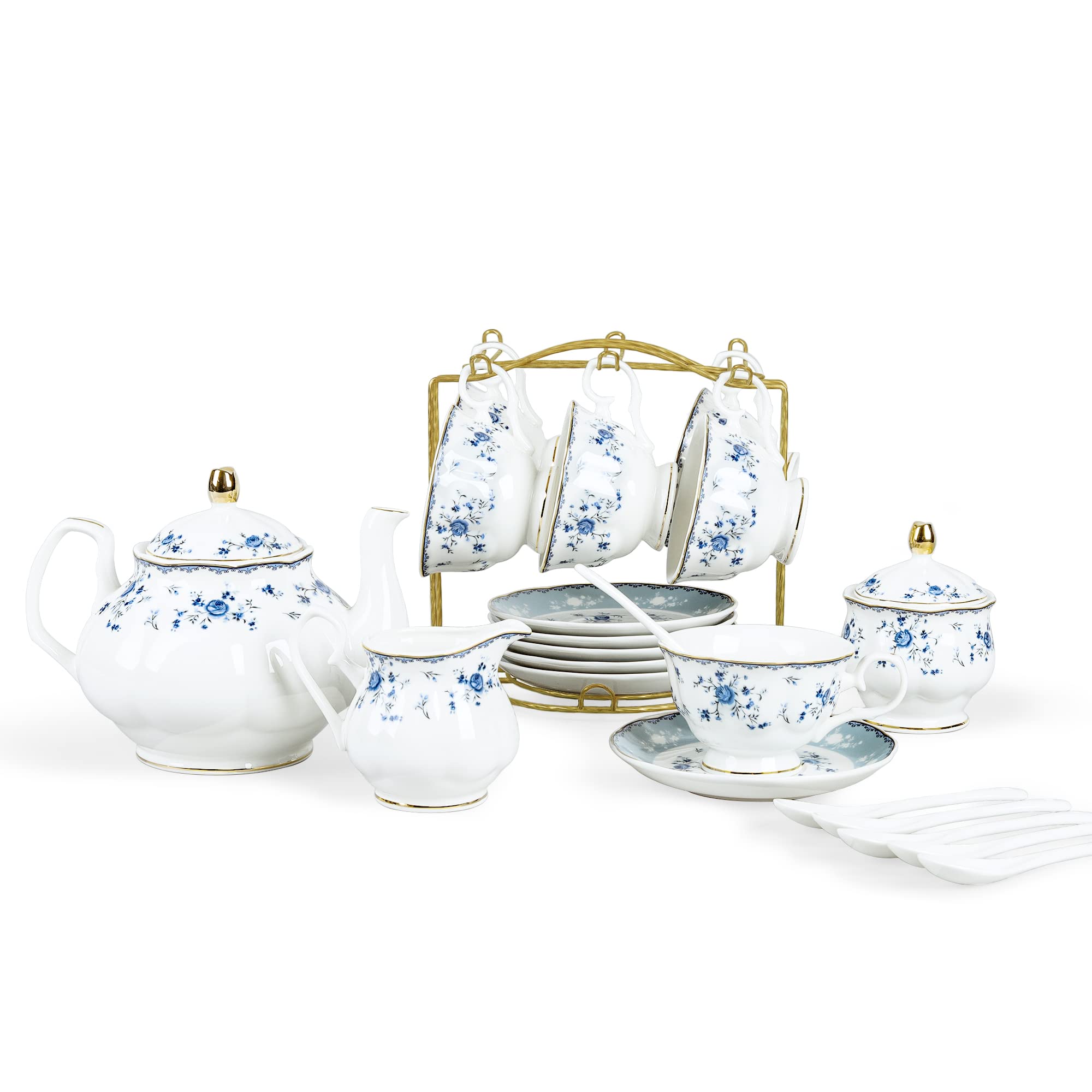 fanquare 15 Piece Blue Rose Porcelain Tea Set, British Floral Teapot with Tea Cups, Women Tea Party Set for 6