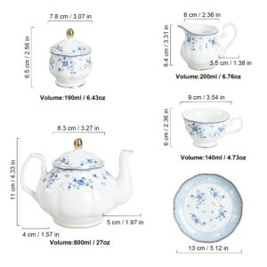 fanquare 15 Piece Blue Rose Porcelain Tea Set, British Floral Teapot with Tea Cups, Women Tea Party Set for 6