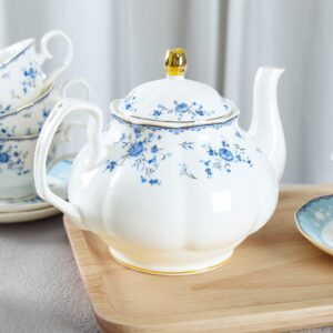 fanquare 15 Piece Blue Rose Porcelain Tea Set, British Floral Teapot with Tea Cups, Women Tea Party Set for 6