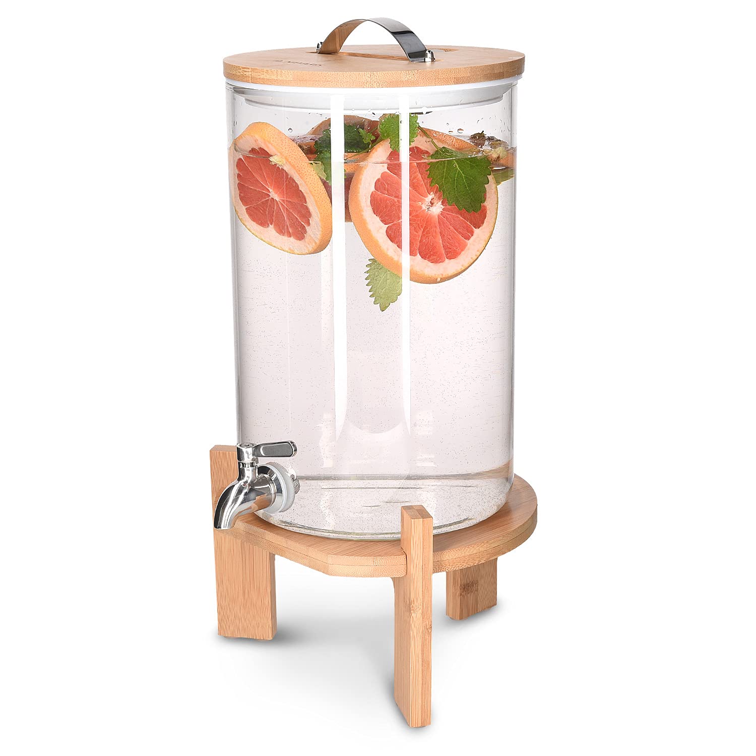 Navaris Beverage Dispenser with Stand - 1.8 Gallon (7L) Glass Drink Dispenser with Spigot, Lid, Wood Stand for Hot or Cold Drinks, Ice Water, Parties