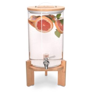 Navaris Beverage Dispenser with Stand - 1.8 Gallon (7L) Glass Drink Dispenser with Spigot, Lid, Wood Stand for Hot or Cold Drinks, Ice Water, Parties