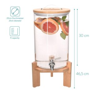 Navaris Beverage Dispenser with Stand - 1.8 Gallon (7L) Glass Drink Dispenser with Spigot, Lid, Wood Stand for Hot or Cold Drinks, Ice Water, Parties