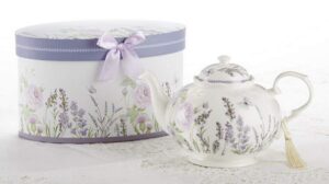 delton products porcelain tea pot, lavender and rose pattern, arrives in matching keepsake box