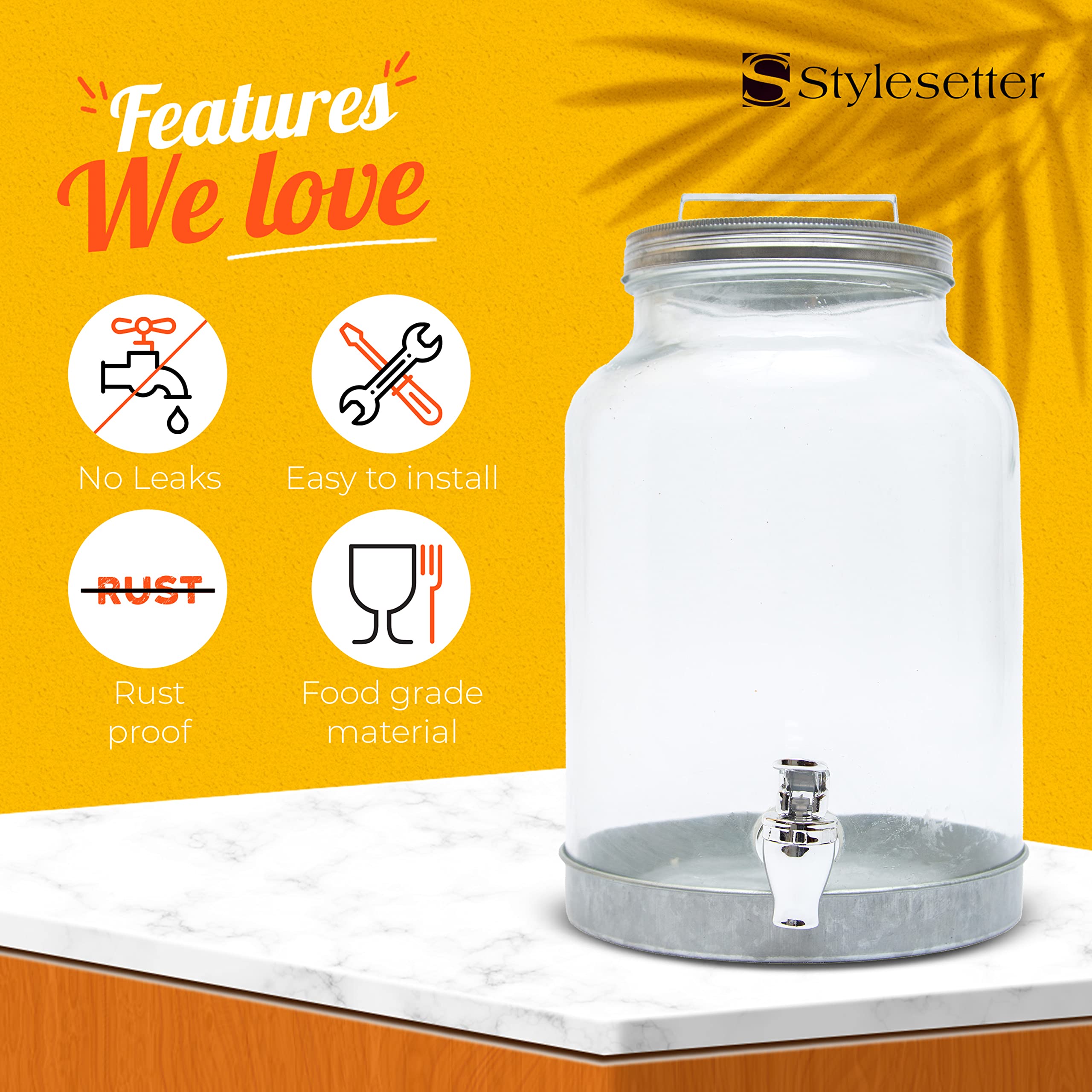 Style Setter Glass Drink Dispenser for Parties -1.5 Gallon Large Capacity Beverage Dispenser - Easy Assembling with Leakproof Spigot and Galvanized Base - Sweet Tea, Lemonade, Punch, Water Dispenser