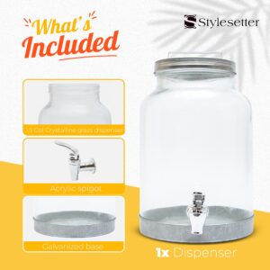 Style Setter Glass Drink Dispenser for Parties -1.5 Gallon Large Capacity Beverage Dispenser - Easy Assembling with Leakproof Spigot and Galvanized Base - Sweet Tea, Lemonade, Punch, Water Dispenser