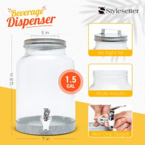 Style Setter Glass Drink Dispenser for Parties -1.5 Gallon Large Capacity Beverage Dispenser - Easy Assembling with Leakproof Spigot and Galvanized Base - Sweet Tea, Lemonade, Punch, Water Dispenser