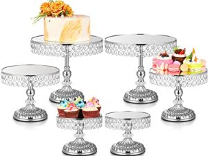 set of 6 silver cake stands round metal party cake stand set with crystal edge dessert display plate cupcake holder stands for wedding party birthday baby shower anniversaries celebration home decor