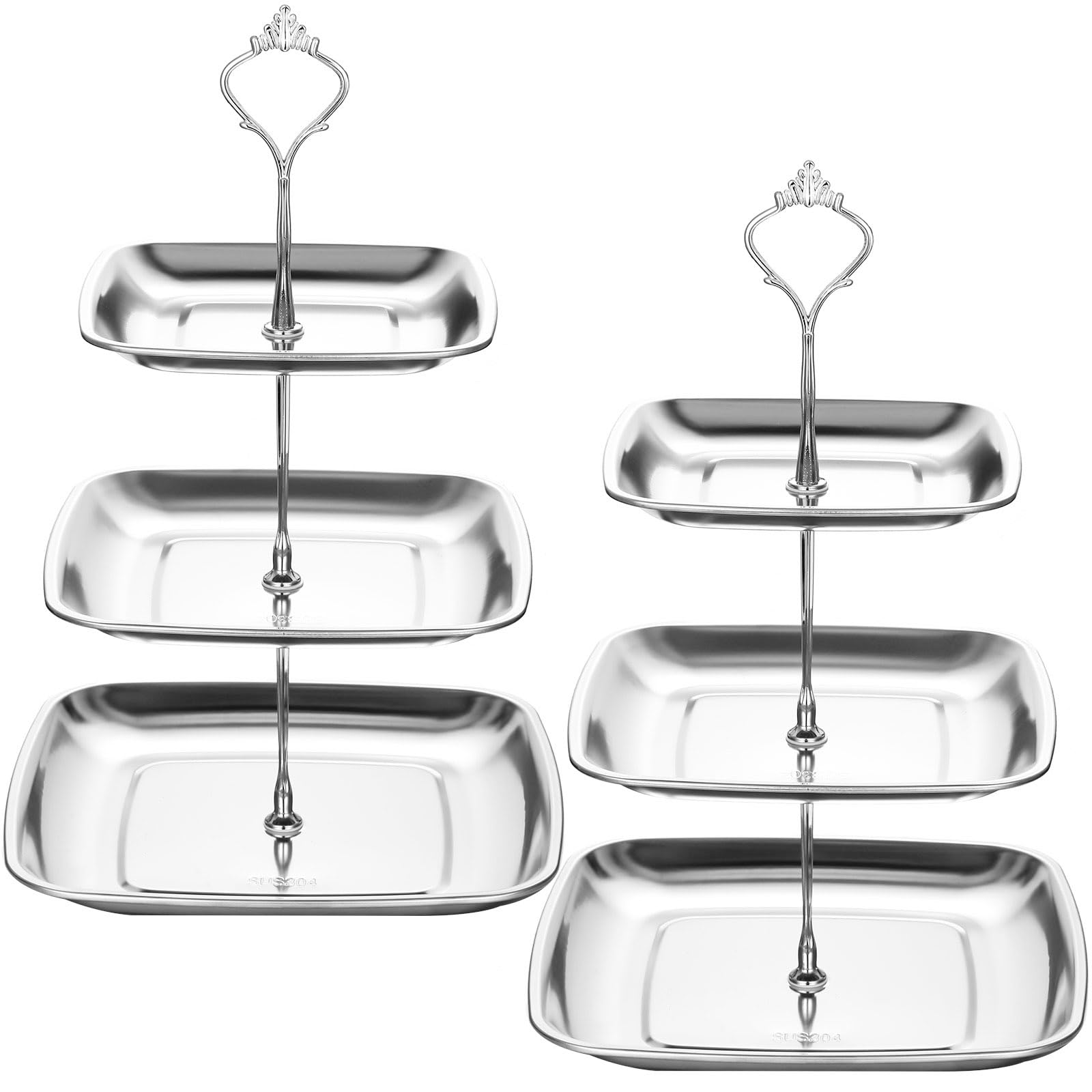 Gerrii 2 Pcs Metal 3 Tiered Cupcake Stand Cake Stand Pastry Stand 3 Tiered Stainless Steel Cup Cake Dessert Stand Serving Tray for Wedding Birthday Party (Silver)