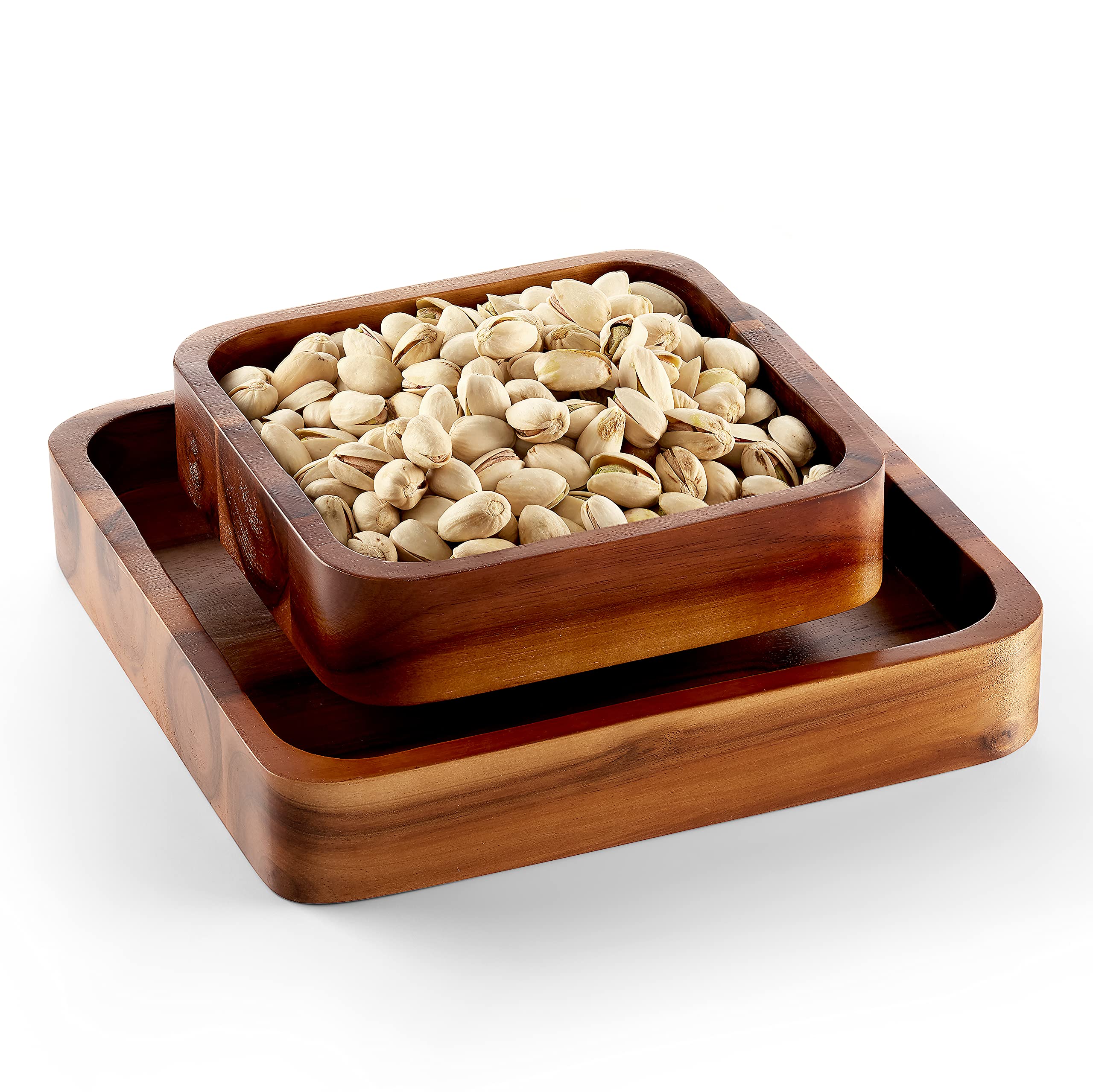 FANATU Wood Pistachio Snack Bowl with Shell Storage, Double Dish Holder Nut Bowl Pedestal for Sunflower Seed, Peanut, Cherries, Edamame (Brown)