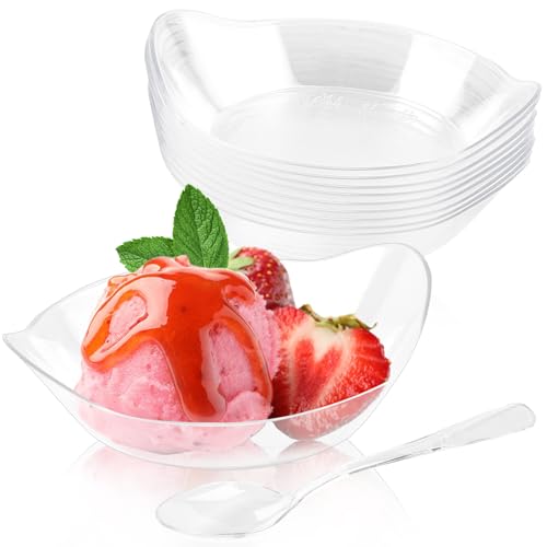 Qeirudu 100 Pack 1 oz Mini Dessert Plates, 3-1/8 x 2-5/8 Inches Small Clear Appetizer Plates with Spoons for Serving Hors D'oeuvres, Cheesecake, Strawberry, Chocolate Truffles