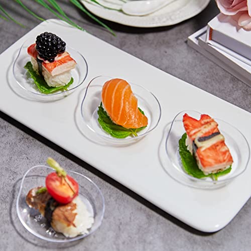 Qeirudu 100 Pack 1 oz Mini Dessert Plates, 3-1/8 x 2-5/8 Inches Small Clear Appetizer Plates with Spoons for Serving Hors D'oeuvres, Cheesecake, Strawberry, Chocolate Truffles