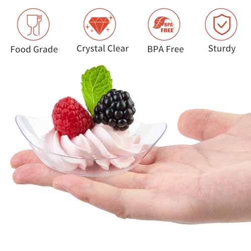 Qeirudu 100 Pack 1 oz Mini Dessert Plates, 3-1/8 x 2-5/8 Inches Small Clear Appetizer Plates with Spoons for Serving Hors D'oeuvres, Cheesecake, Strawberry, Chocolate Truffles