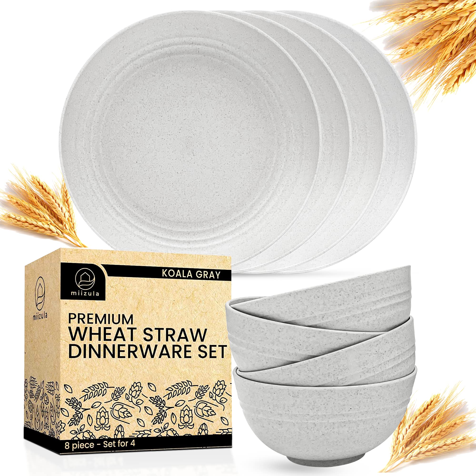 Miizula Premium 8 Pcs Light Gray Wheat Straw Dinnerware Sets - Unbreakable Reusable Plastic Wheat Straw Bowls & Plates Dinner Set - Microwave Dishwasher Freezer Safe - Deep Spillproof - Eco Friendly