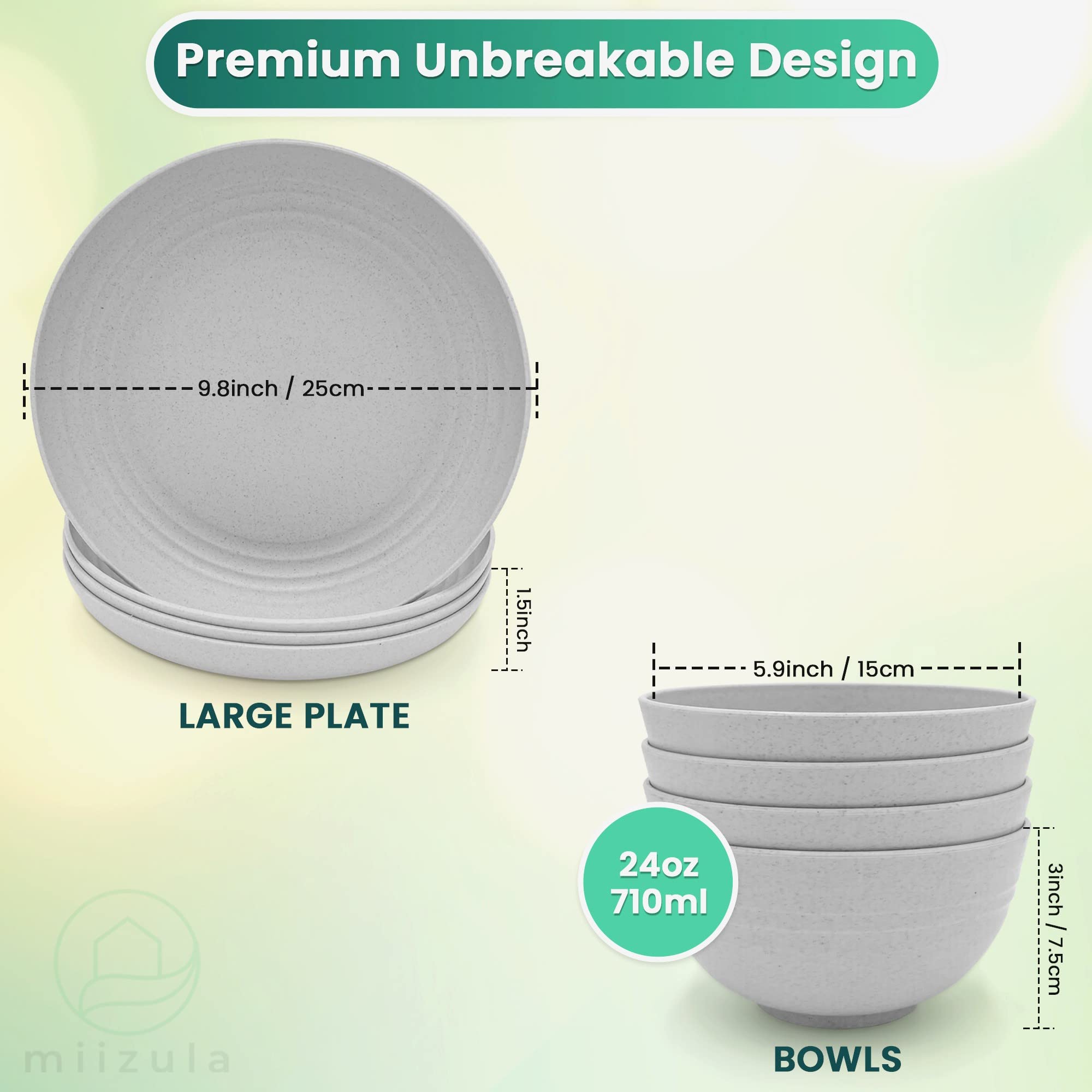 Miizula Premium 8 Pcs Light Gray Wheat Straw Dinnerware Sets - Unbreakable Reusable Plastic Wheat Straw Bowls & Plates Dinner Set - Microwave Dishwasher Freezer Safe - Deep Spillproof - Eco Friendly