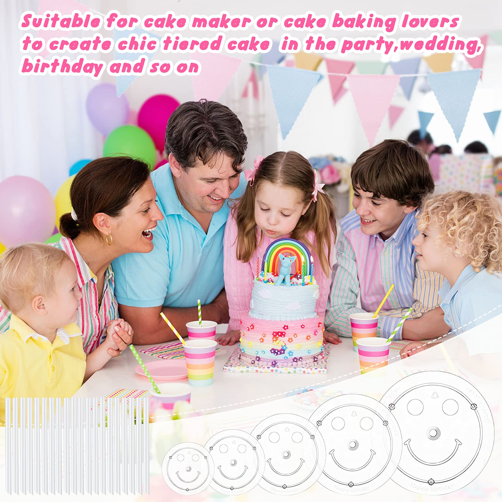 Aufind 85 PCS Plastic Cake Dowel Rods Set, 20 White Plastic Cake Sticks Support Rods with 5 Cake Separator Plates for 4, 6, 8, 10,12 Inch Cakes and 20 Clear Cake Stacking Dowels for Tiered Cakes