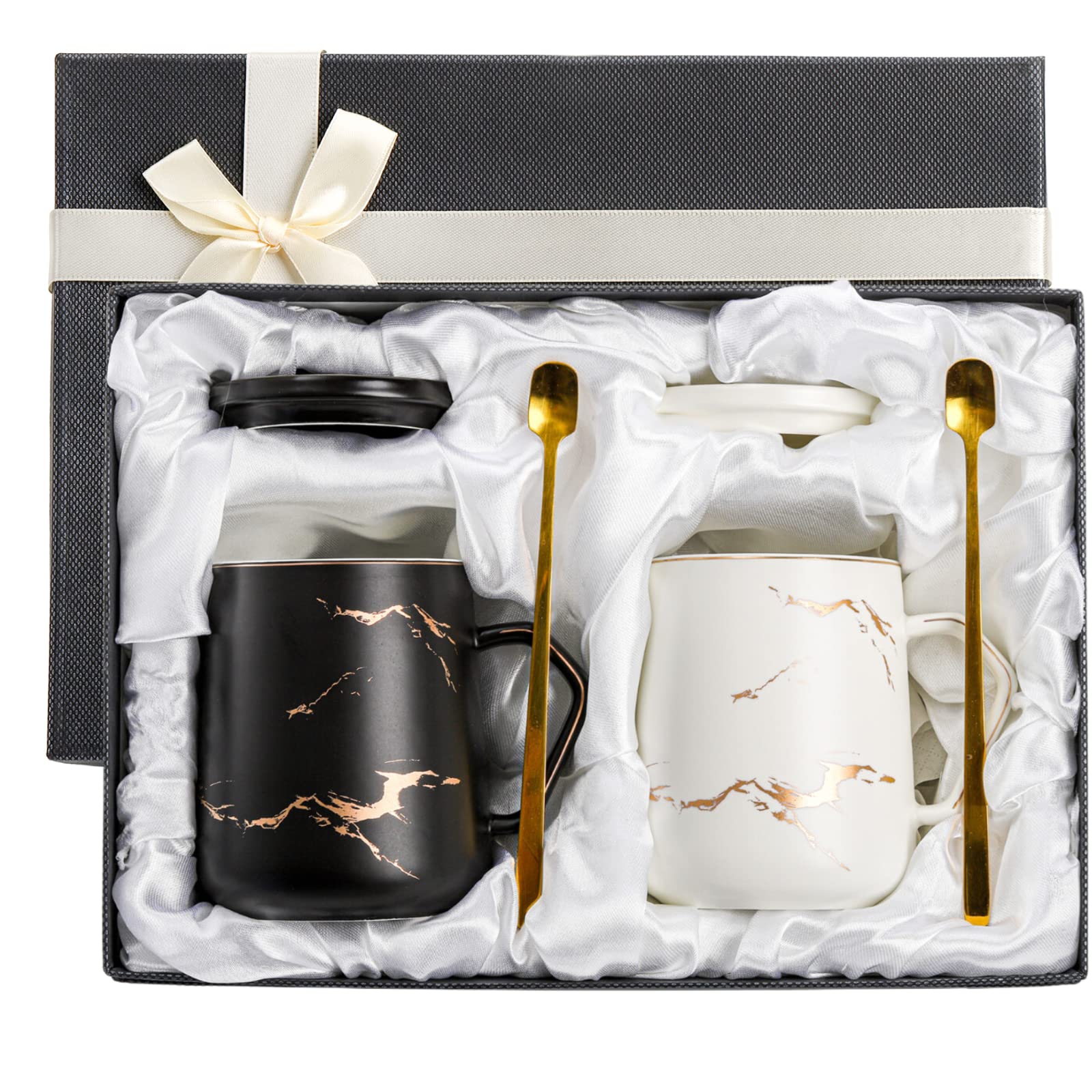 ZENFUN 2 Pack Ceramic Coffee Mugs with Gift Box, 13.5 Oz Porcelain Mugs Set with Lid and Gold Spoon, Luxury Marbling Black and White Couple Mugs Gift, Valentine's, Office and Home, Mother's Day