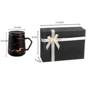 ZENFUN 2 Pack Ceramic Coffee Mugs with Gift Box, 13.5 Oz Porcelain Mugs Set with Lid and Gold Spoon, Luxury Marbling Black and White Couple Mugs Gift, Valentine's, Office and Home, Mother's Day