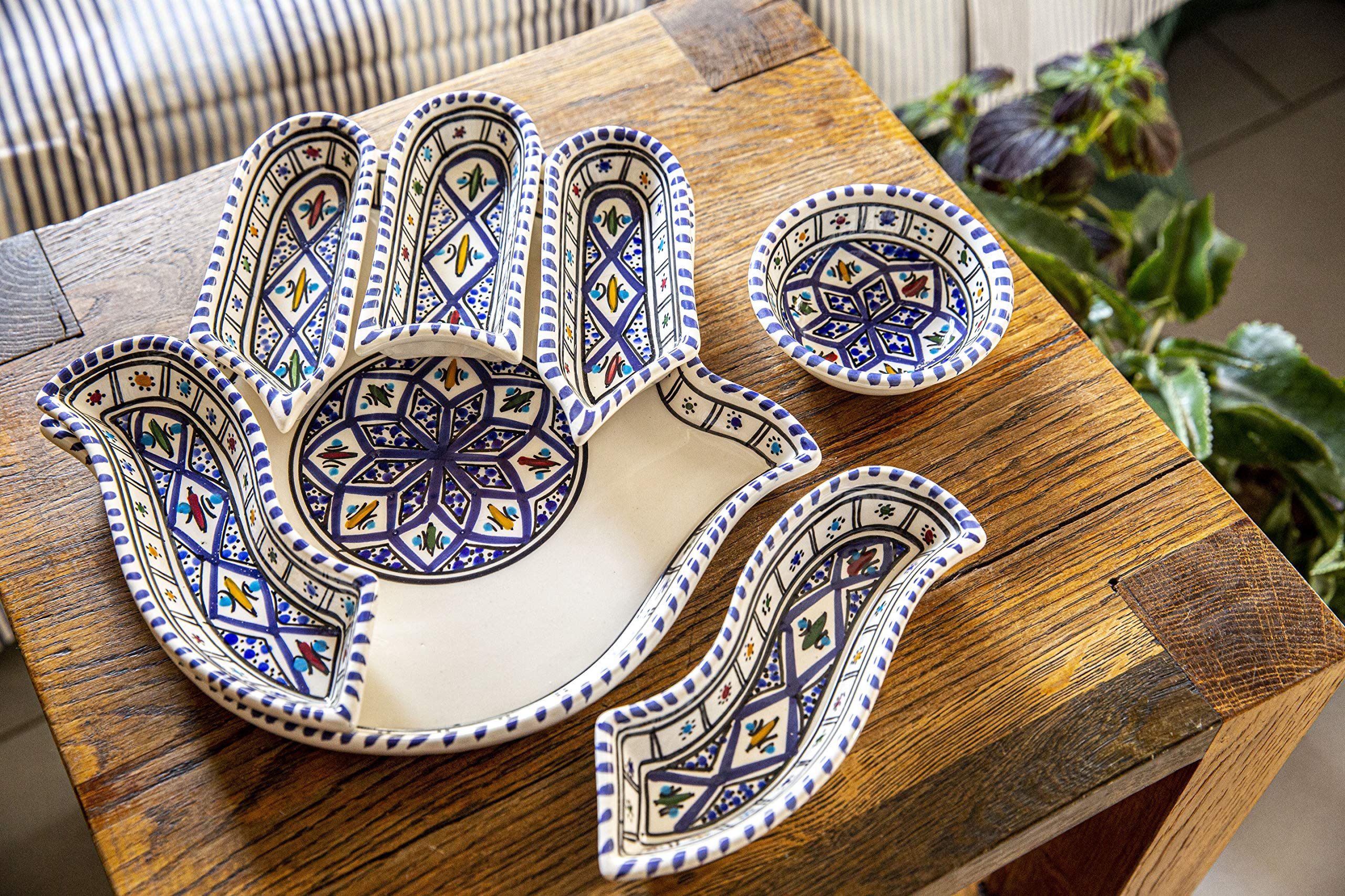 KAMSAH Plate Set & Serving Platter, Custom Hand-Painted Ceramic Appetizer Tray Serving Dishes for Celebrations, Parties and Events (Hand - Large, Bohemian Blue)