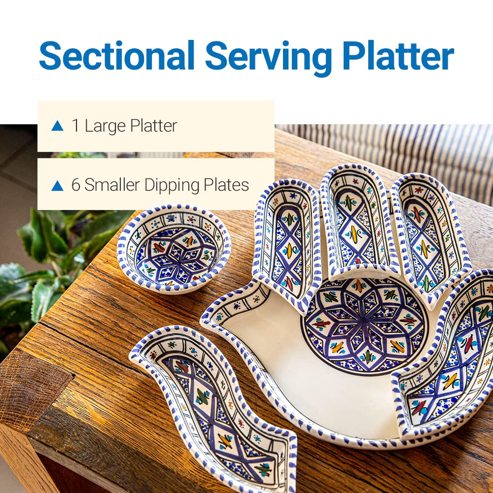 KAMSAH Plate Set & Serving Platter, Custom Hand-Painted Ceramic Appetizer Tray Serving Dishes for Celebrations, Parties and Events (Hand - Large, Bohemian Blue)