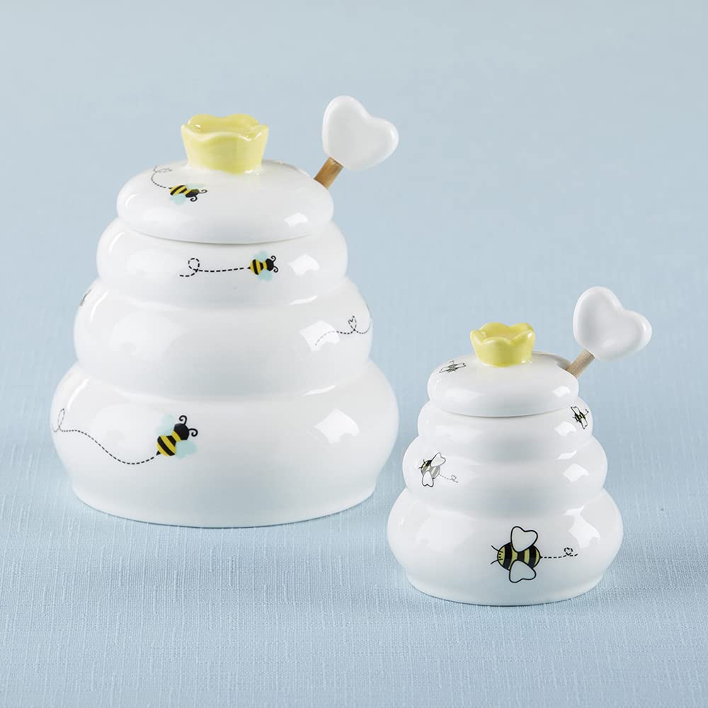 Kate Aspen Sweet as Can Bee Ceramic Large Honey Pot with Wooden Honey Dipper (10 oz), Kitchen Decor, Bumblebee Baby Shower Prize, Take Home Gift, Bee Decorations