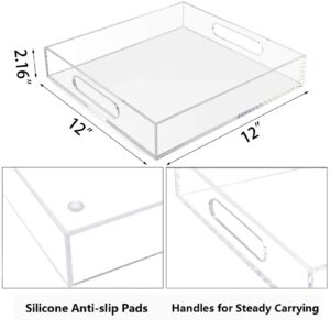 Tasybox Acrylic Serving Tray, Clear Decorative Serving Trays with Handles for Kitchen Dining Room Table Ottoman Vanity Countertop 12" x 12"