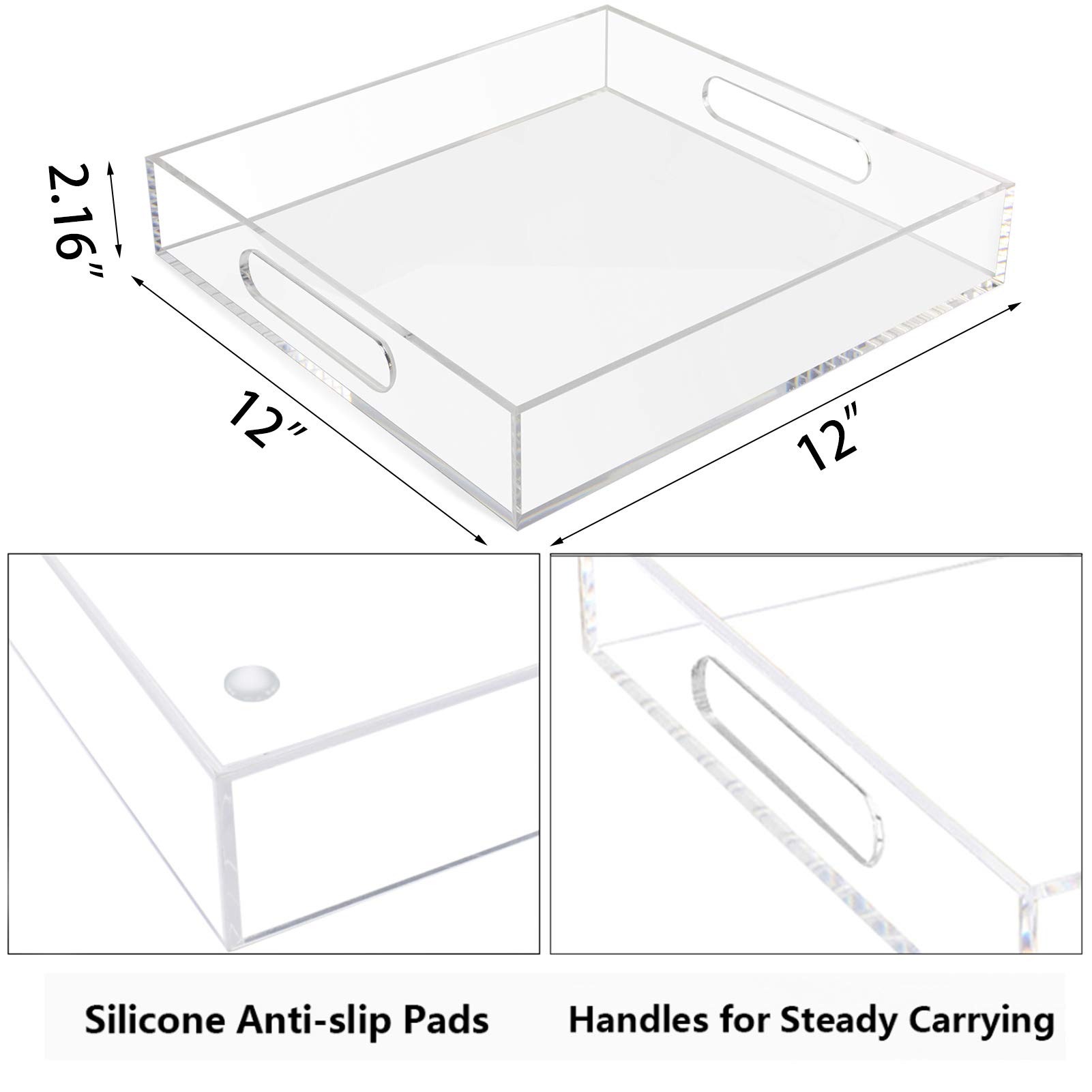 Tasybox Acrylic Serving Tray, Clear Decorative Serving Trays with Handles for Kitchen Dining Room Table Ottoman Vanity Countertop 12" x 12"