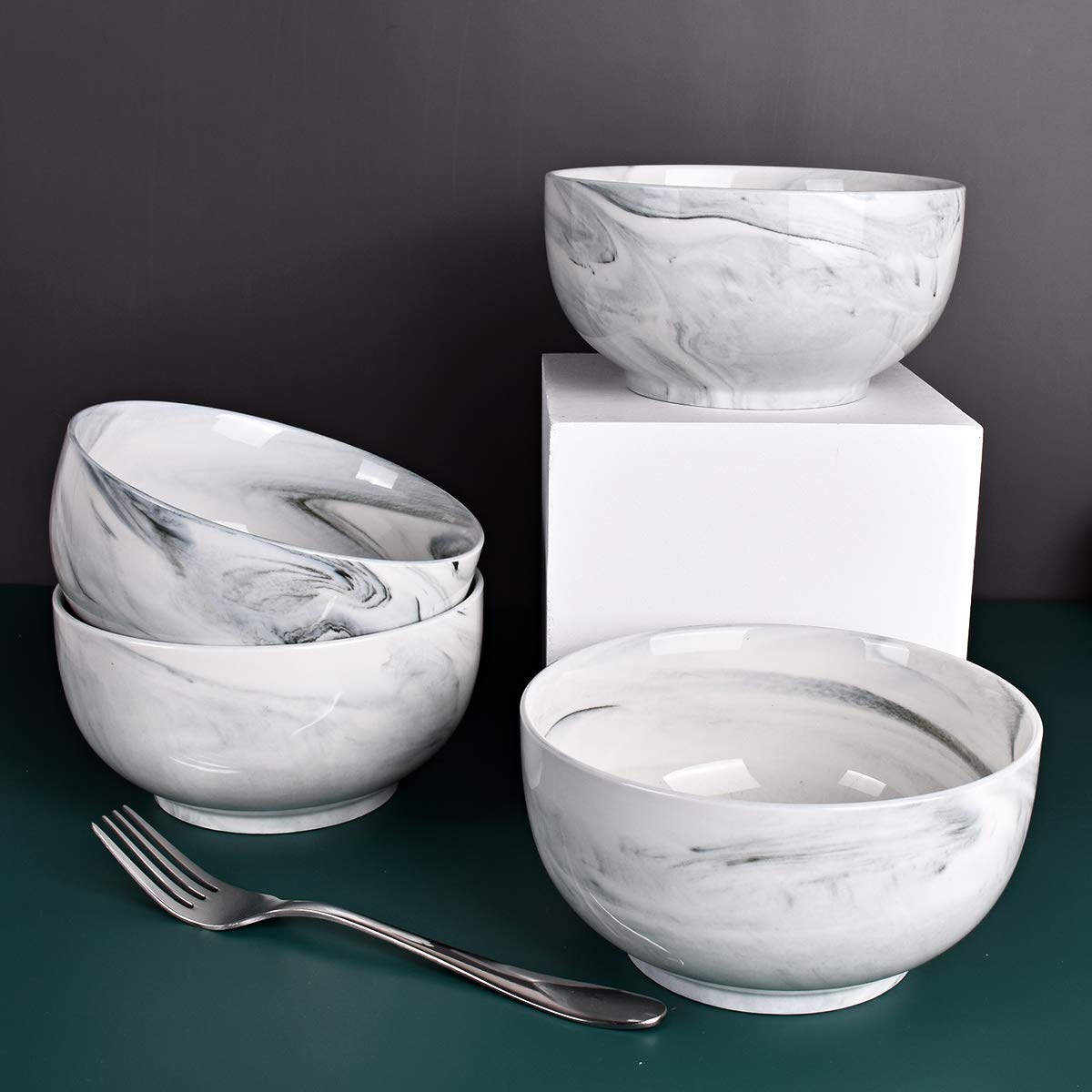 Bosmarlin Marbling Ceramic Bowl Set of 4, 33 Oz, Dishwasher and Microwave Safe (33 Oz, B-Grey Marbling)