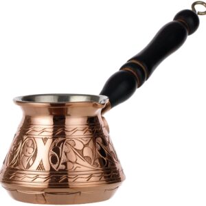 DEMMEX Thickest Copper Turkish Greek Arabic Coffee Pot Engraved Stovetop Coffee Maker Cezve Ibrik Briki with Wooden Handle & Wooden Spoon, for 3 People (Copper)