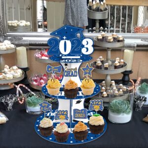 2023 Graduation Cupcake Stand Set - Blue 3-Tier Round Cardboard Cupcake Stand with 24 Pcs Graduation Cupcake Toppers for Graduation Party Supplies