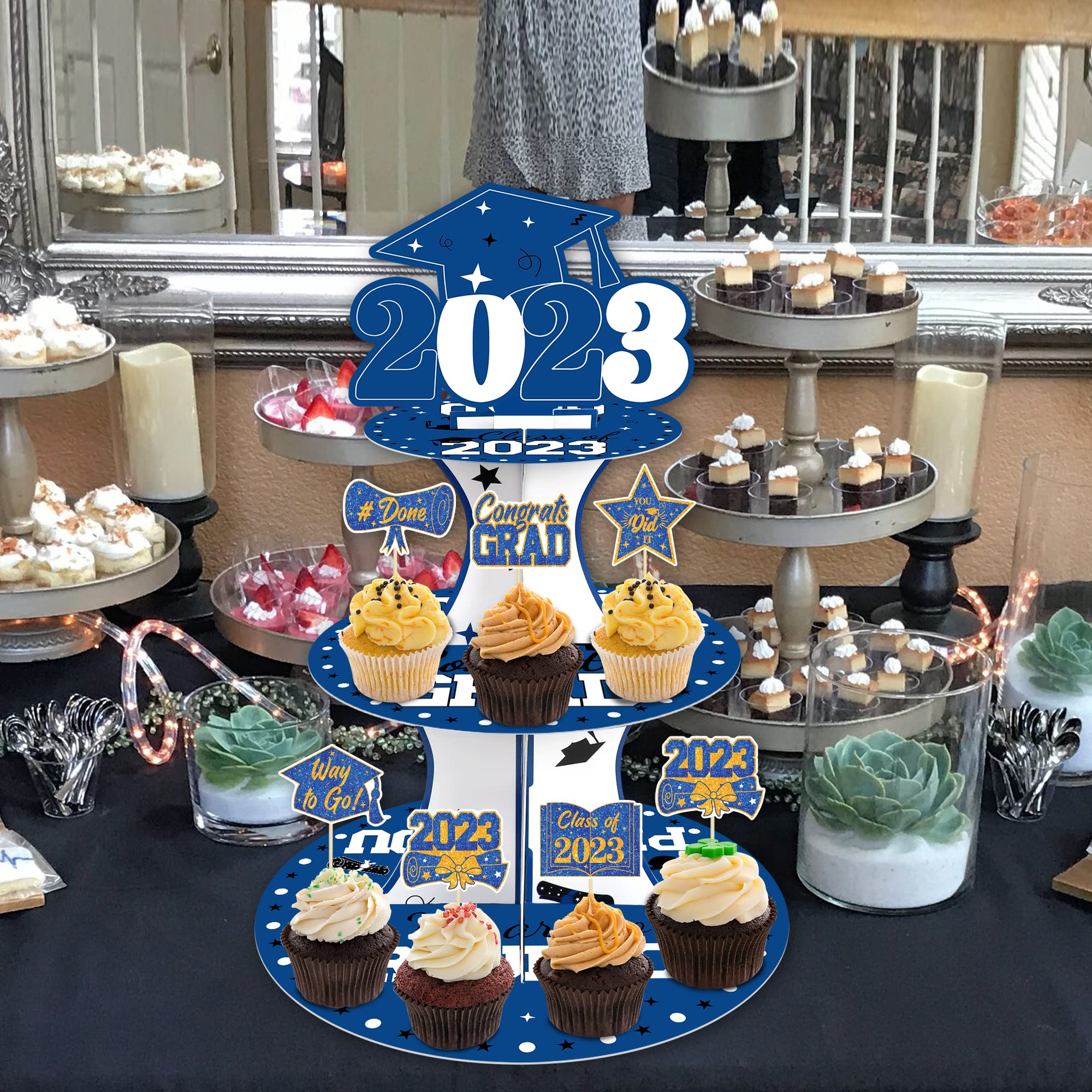 2023 Graduation Cupcake Stand Set - Blue 3-Tier Round Cardboard Cupcake Stand with 24 Pcs Graduation Cupcake Toppers for Graduation Party Supplies