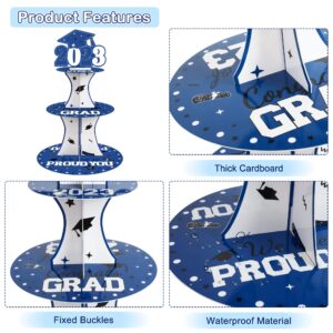 2023 Graduation Cupcake Stand Set - Blue 3-Tier Round Cardboard Cupcake Stand with 24 Pcs Graduation Cupcake Toppers for Graduation Party Supplies