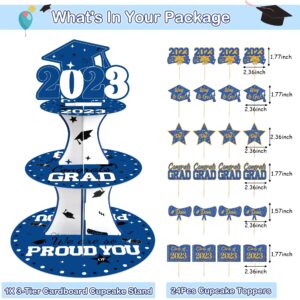 2023 Graduation Cupcake Stand Set - Blue 3-Tier Round Cardboard Cupcake Stand with 24 Pcs Graduation Cupcake Toppers for Graduation Party Supplies