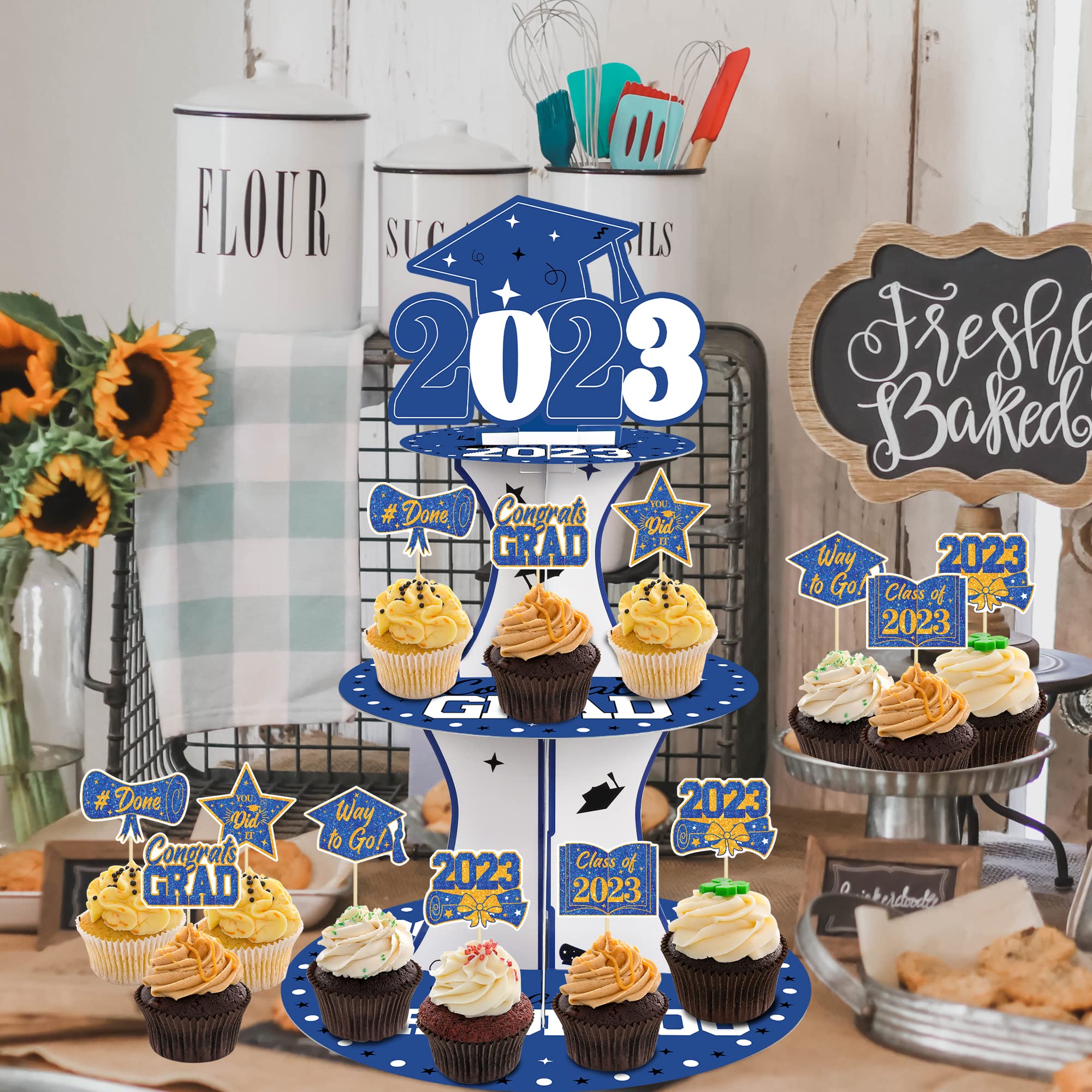 2023 Graduation Cupcake Stand Set - Blue 3-Tier Round Cardboard Cupcake Stand with 24 Pcs Graduation Cupcake Toppers for Graduation Party Supplies