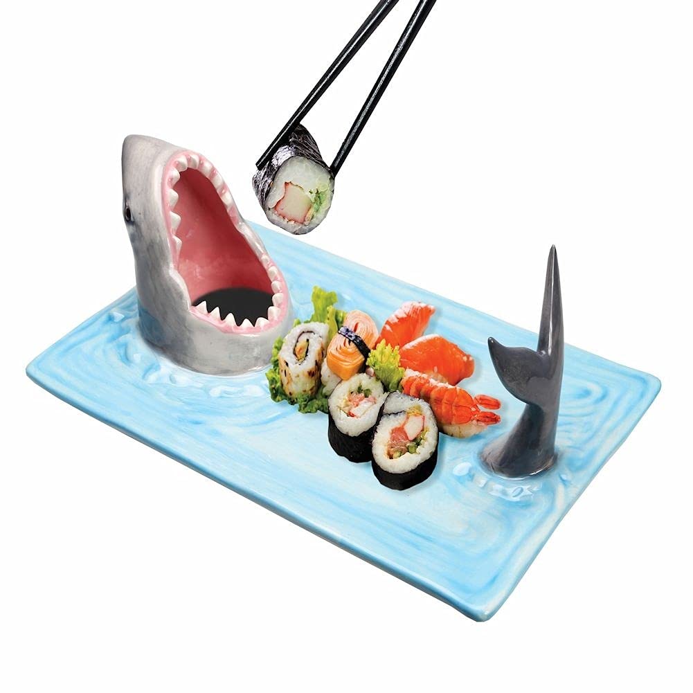 WHAT ON EARTH Shark Attack Sushi Plate - Hand-Painted Ceramic Serving Tray with Soy Sauce Holder and Funny Chopsticks Rest, Fish Serving Platter