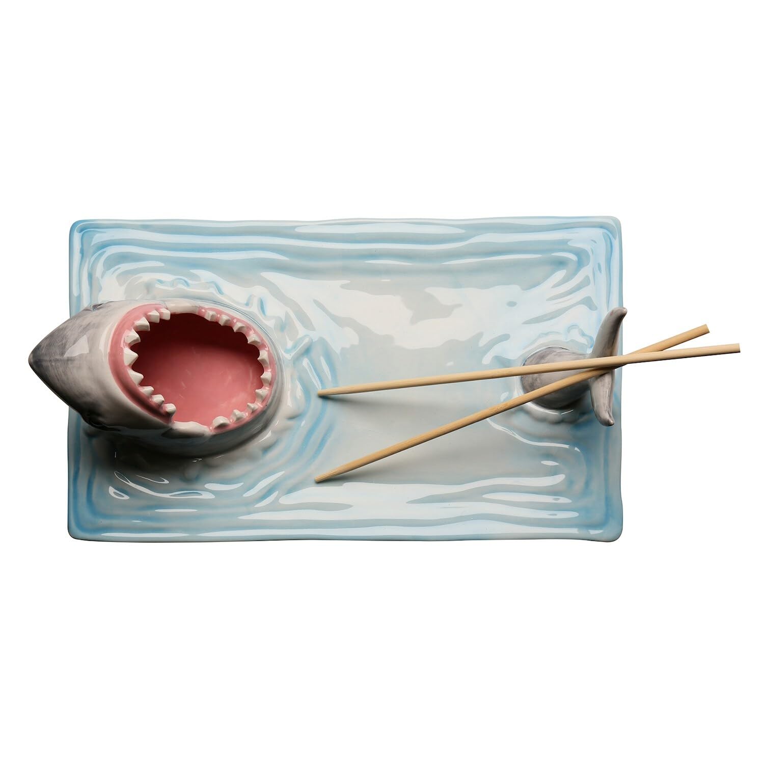 WHAT ON EARTH Shark Attack Sushi Plate - Hand-Painted Ceramic Serving Tray with Soy Sauce Holder and Funny Chopsticks Rest, Fish Serving Platter